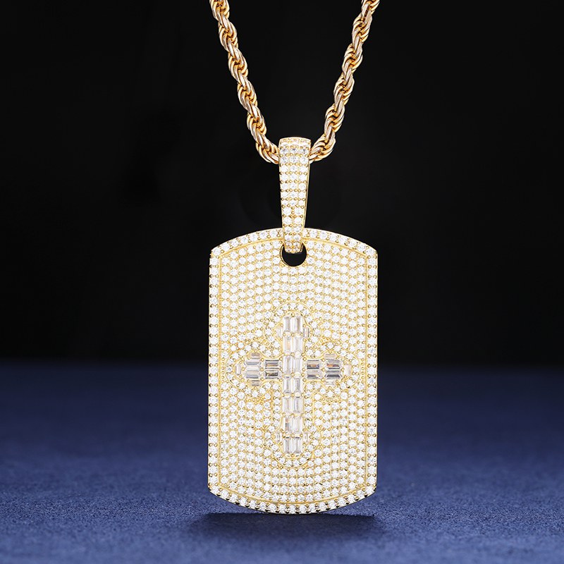 S925 Moissanite Baguette Cross Sign Dog Tag Pendant